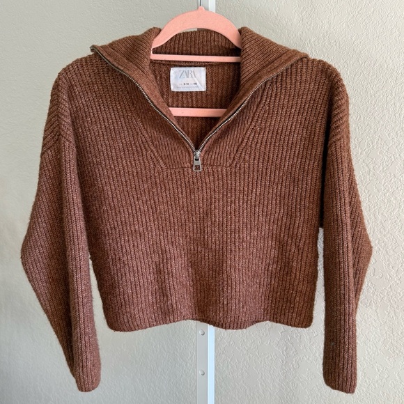 Zara | Sweaters | Zara Brown Ribbed Half Zip Sweater Womens M Cropped ...